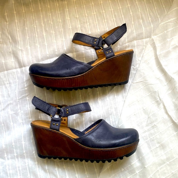boc | Shoes | Boc Rina Leather Mary Jane Clogs Size Blue Wedge Heel ...